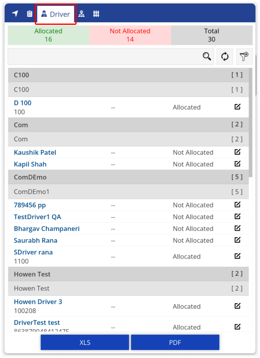 Driver tab on Live Tracking Screen
